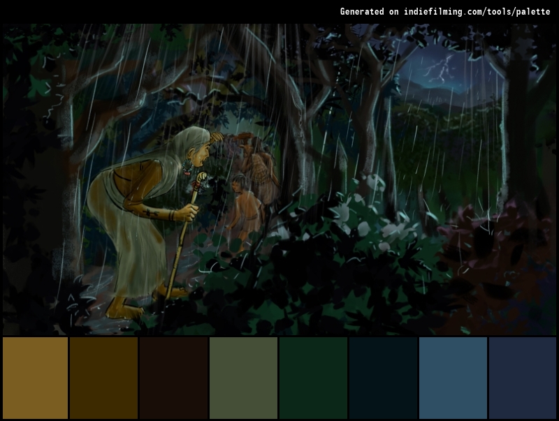 Color Palette: heavy rain forest , thunders, five people going in rain ...